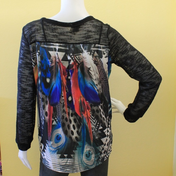 Tops | Sheer Black Top With Blue Feather Design On Back In Size Small ...